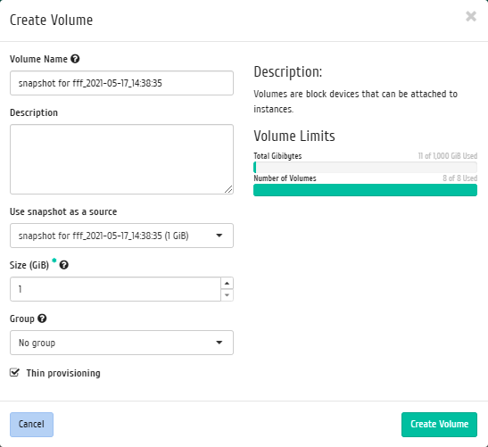 «Volume Snapshots» tab